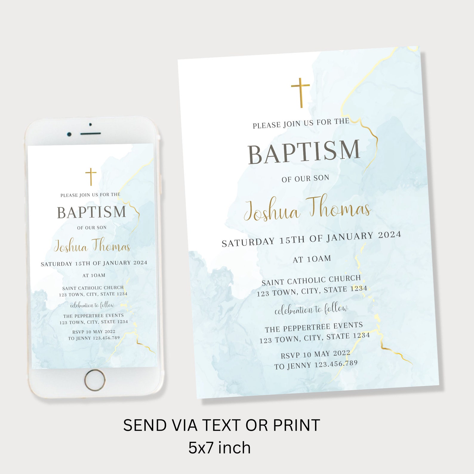 Modern Christening Invitation, Boy Baptism Invitation Template, Blue ...