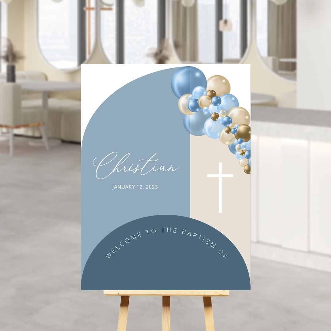 Dusty Blue WELCOME POSTER Editable Arch Balloon White Baptism / Holy ...