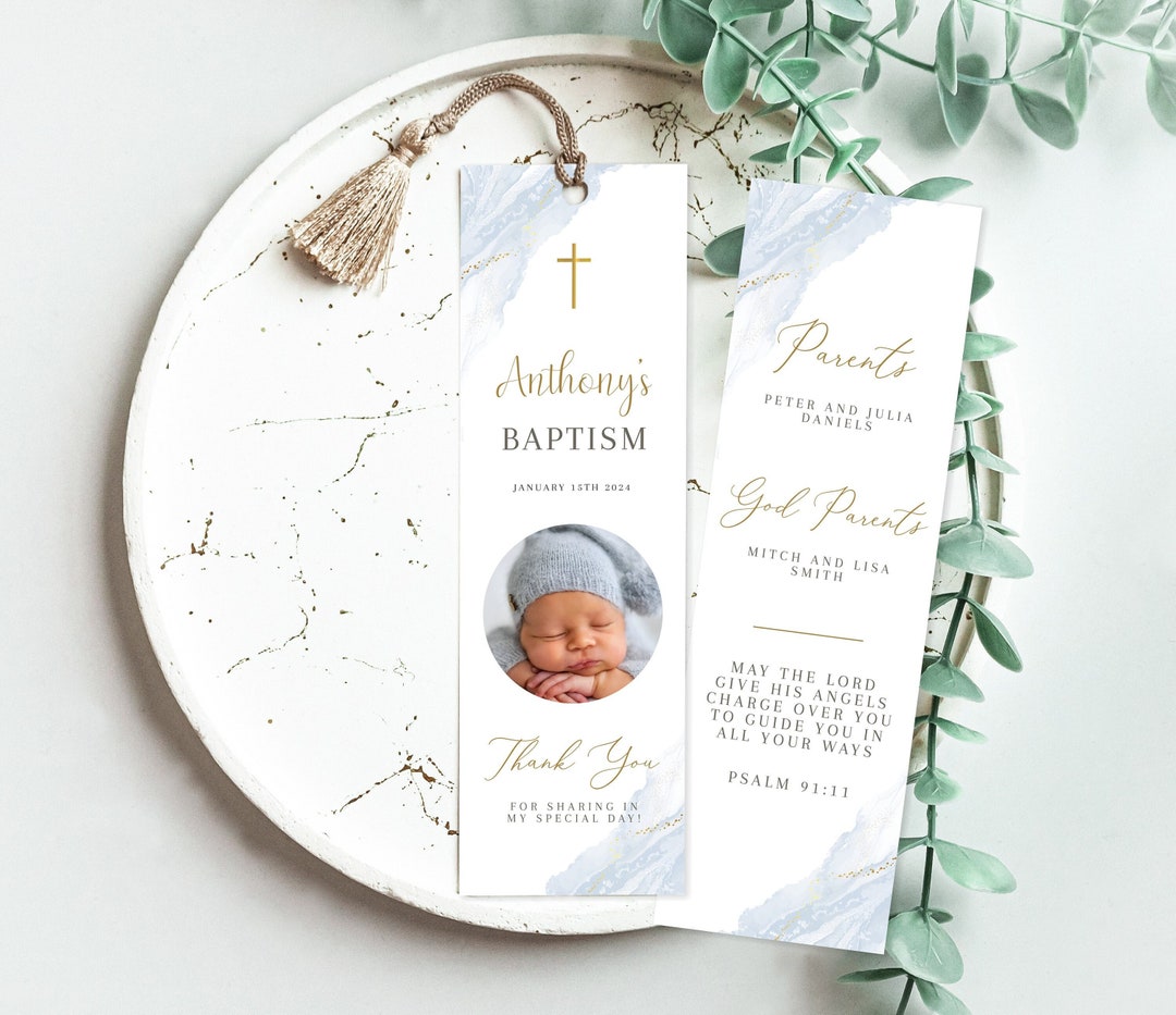 Baptism Bookmark Template, Personalized Baptism Bookmark, Blue Baptism ...