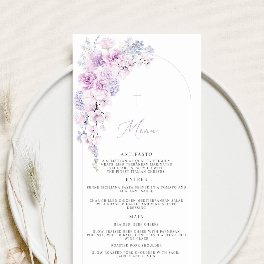 Lilac Baptism Menu, Purple Christening Menu, Religious Menu for Baptism ...