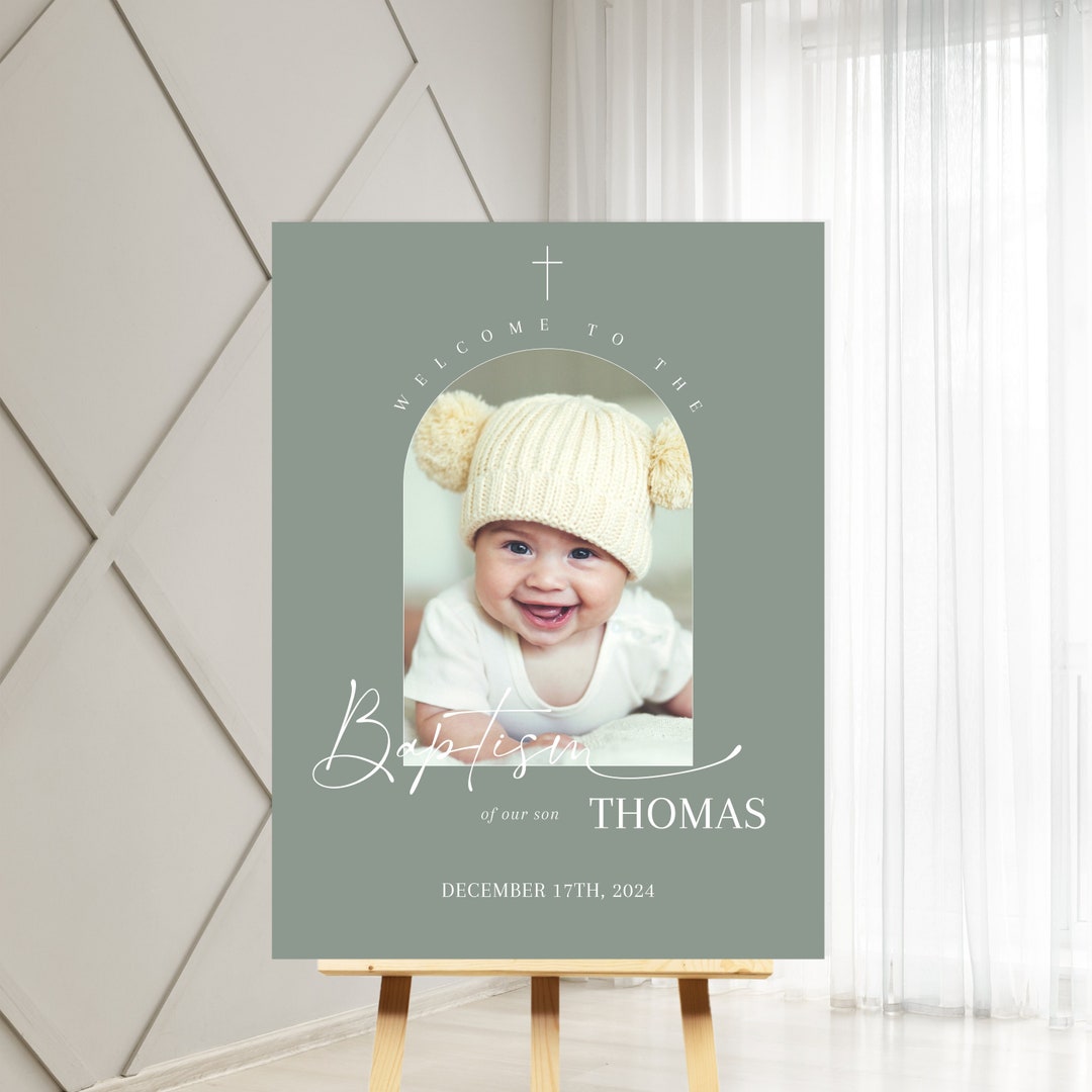 Green Baptism Welcome Sign With Photo, White Cross Green Christening ...