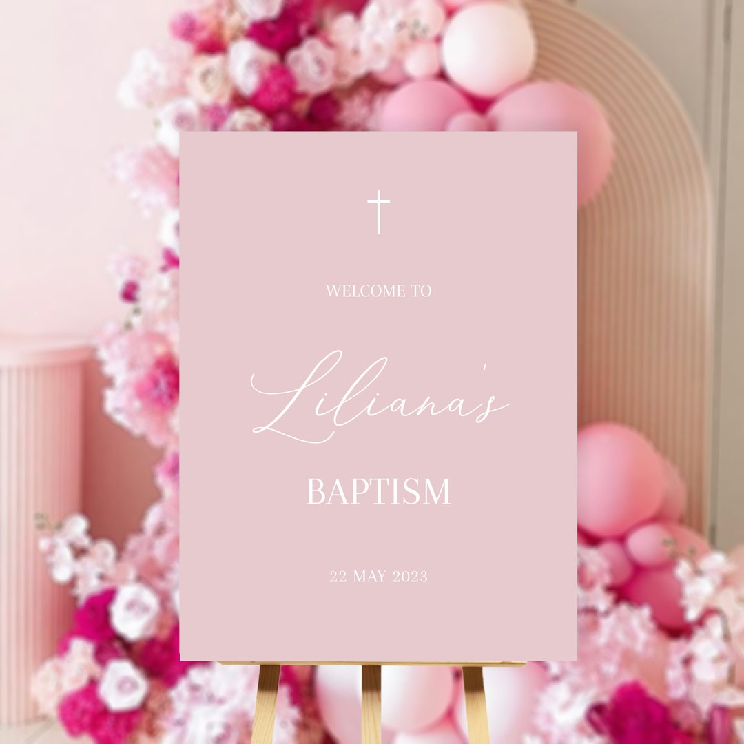 Pink Baptism Welcome Sign, Printable Baptism Poster , Pink Christening ...