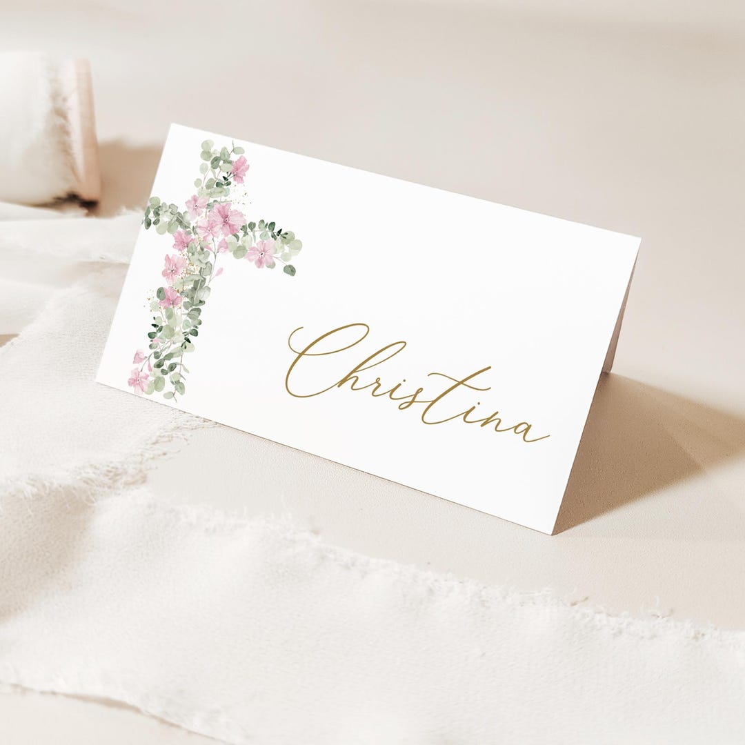 Pink Flower Editable Place Card Template, 3.5x2