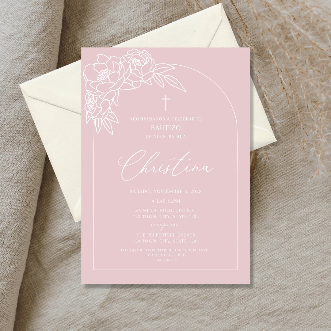 Invitacion De Bautizo, Rosa Bautizo Invitation in Spanish, Invitaciones ...