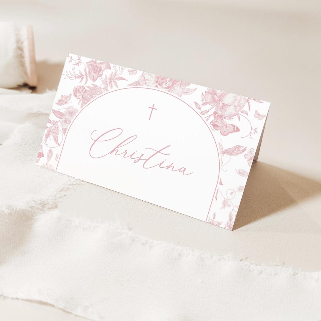 Pink Flower Editable Place Card Template, 3.5x2" Folded Floral Place ...
