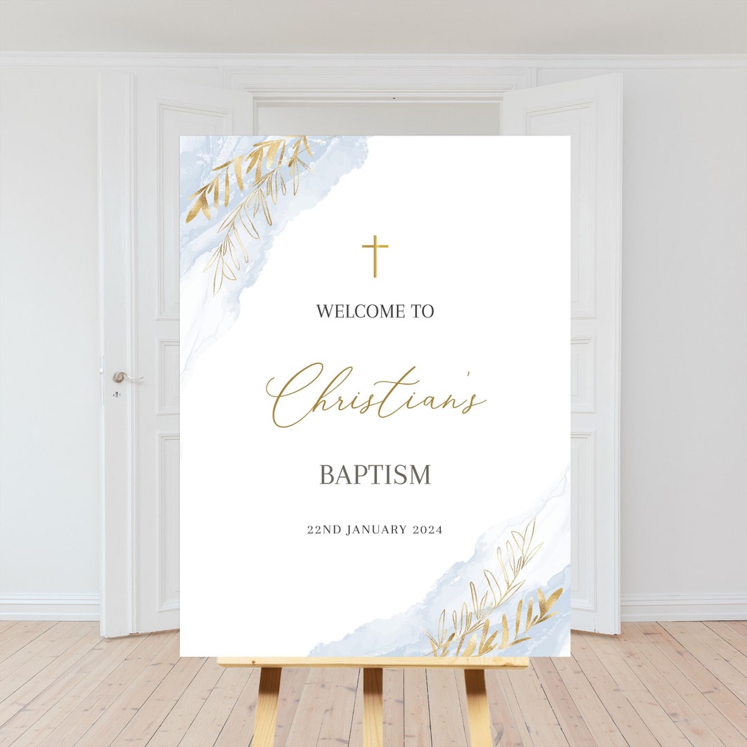 Dusty Blue WELCOME POSTER Seating Editable Gold White Baptism / Holy ...