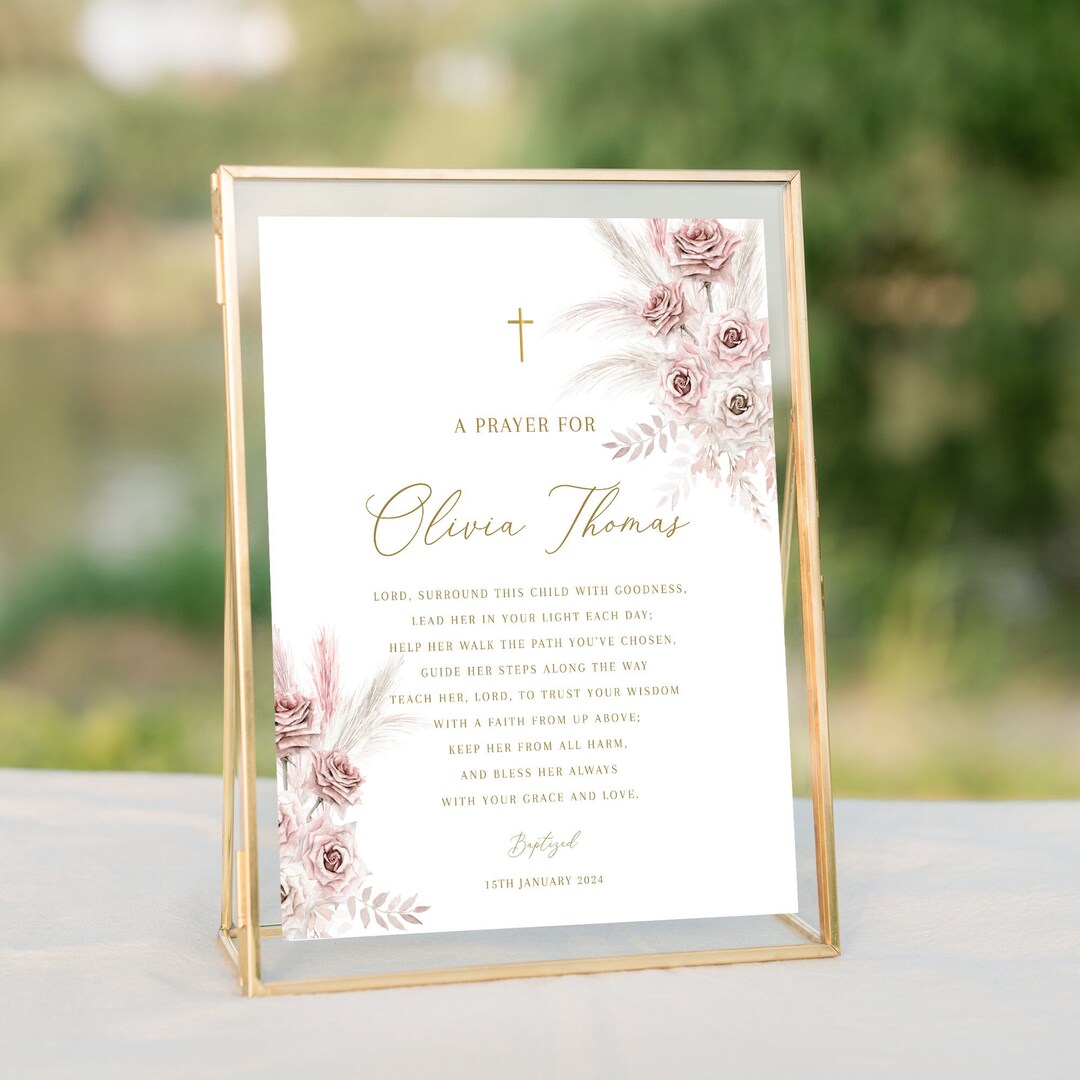 Pink Baptism Prayer Sign Template, Boho Pink Flower Prayer Sign ...