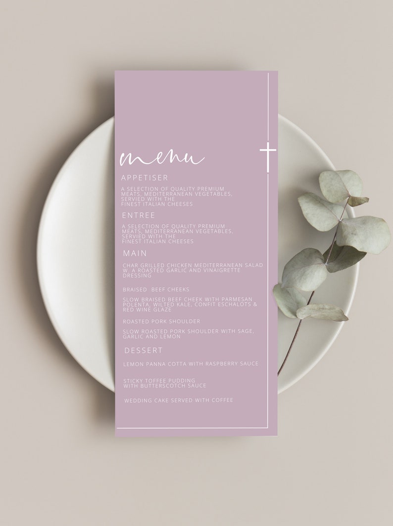 Purple Baptism Menu, Dusty Purple Christening Menu, Religious Menu for ...