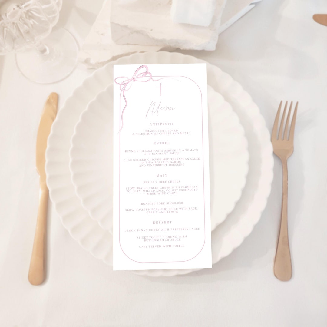 Pink Menu Template Baptism Decor, Modern Pink Bow Baptism Menu ...
