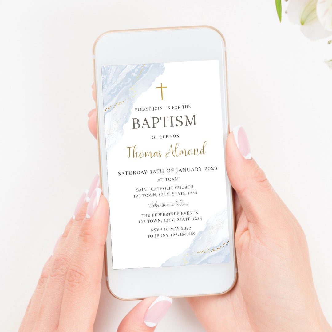 Blue Christening Invitation, Boy Baptism Invitation Template, Blue ...
