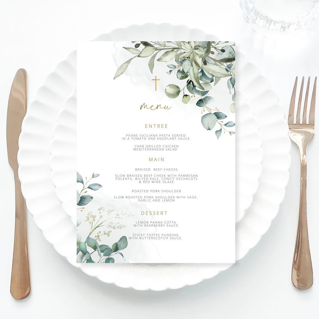 Eucalyptus Green Baptism Menu Template Add Guest Names, Modern Baptism ...