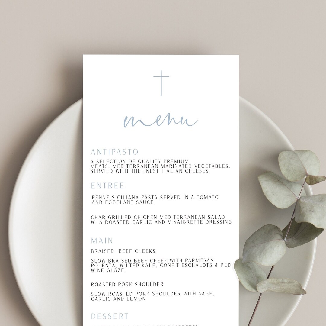 Blue Baptism Menu, Dusty Blue Christening Menu, Religious Menu for ...