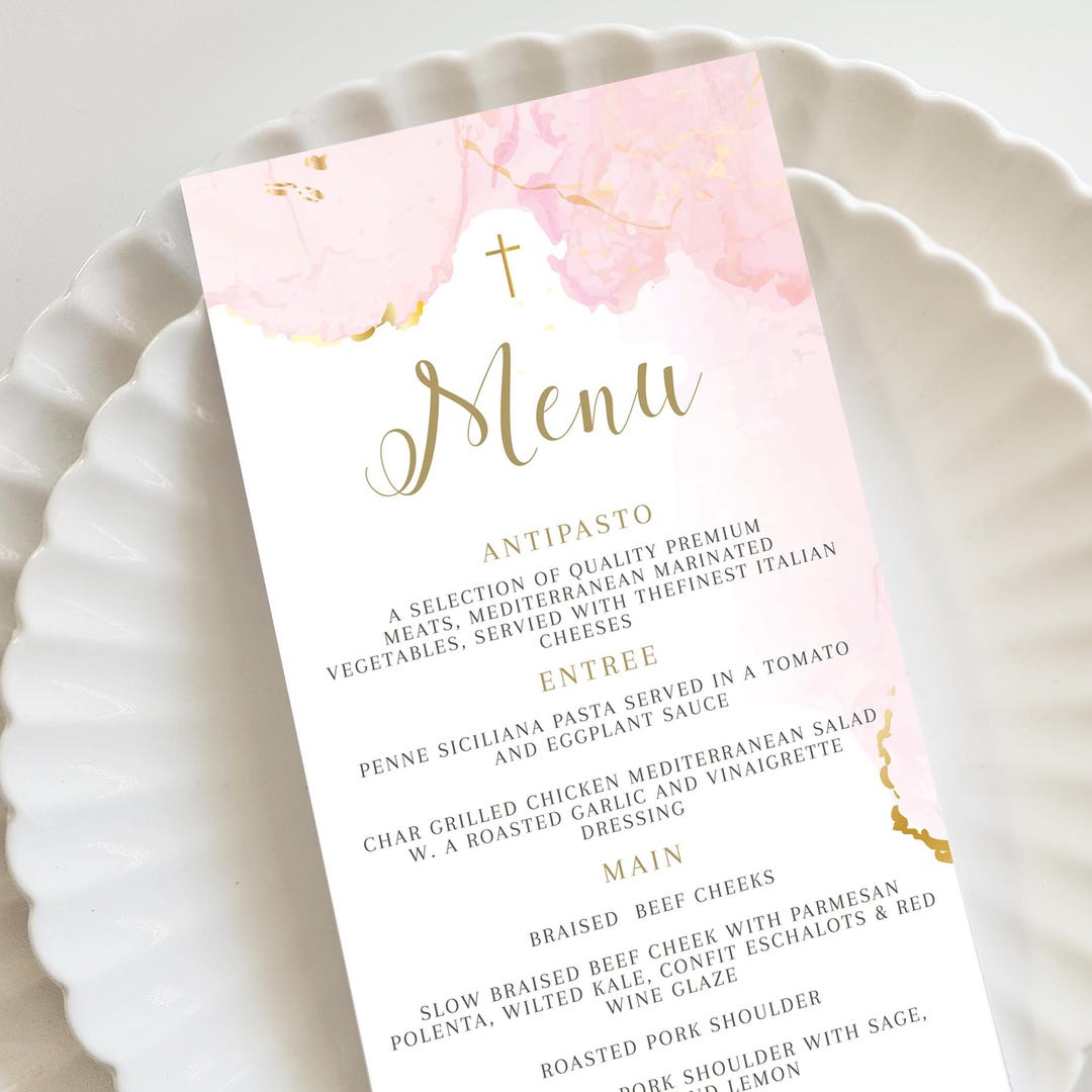 Pink Gold Baptism Menu Template, Wedding Reception Menu, Christening ...