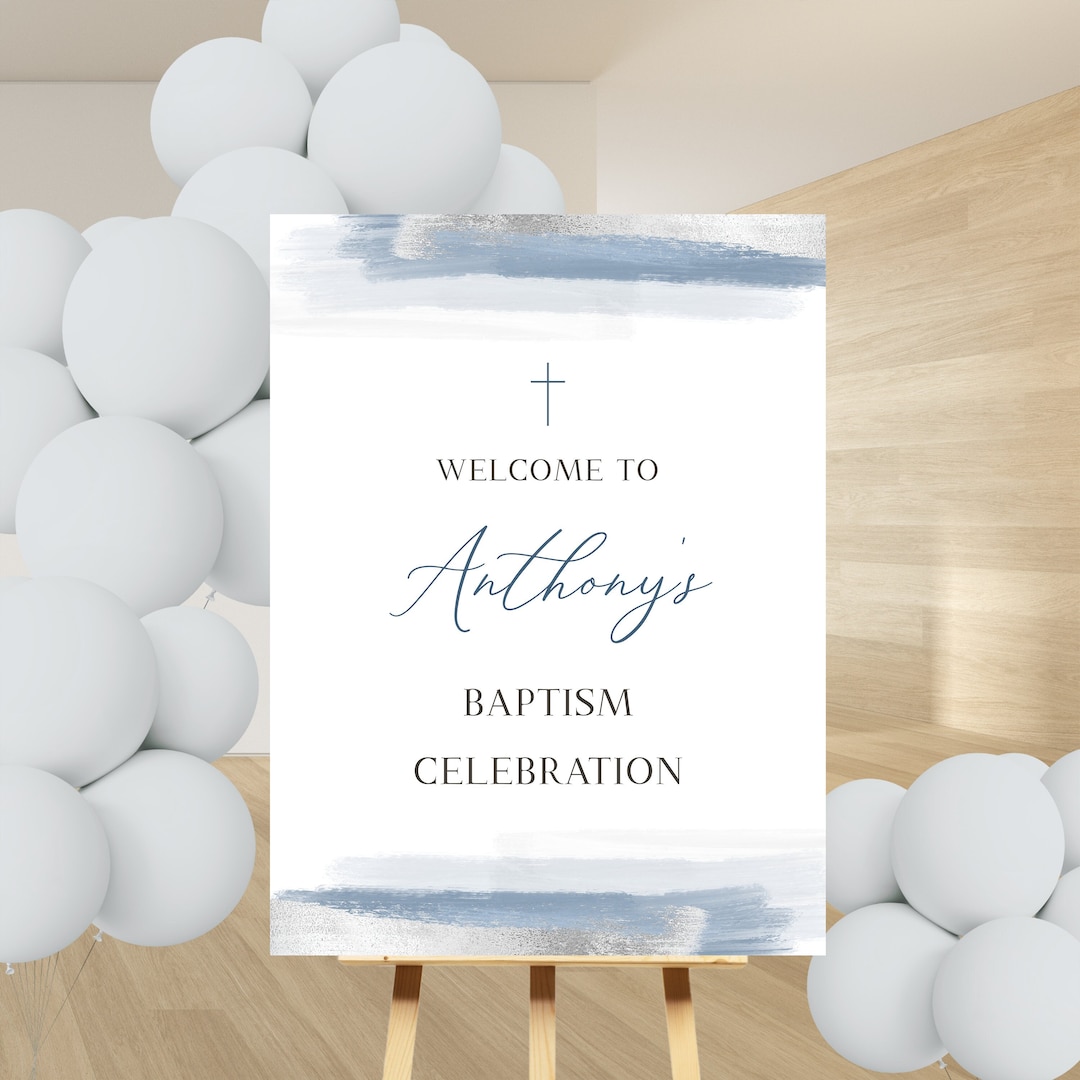 Blue Silver Baptism Welcome Sign Poster, Blue Christening Welcome Sign ...