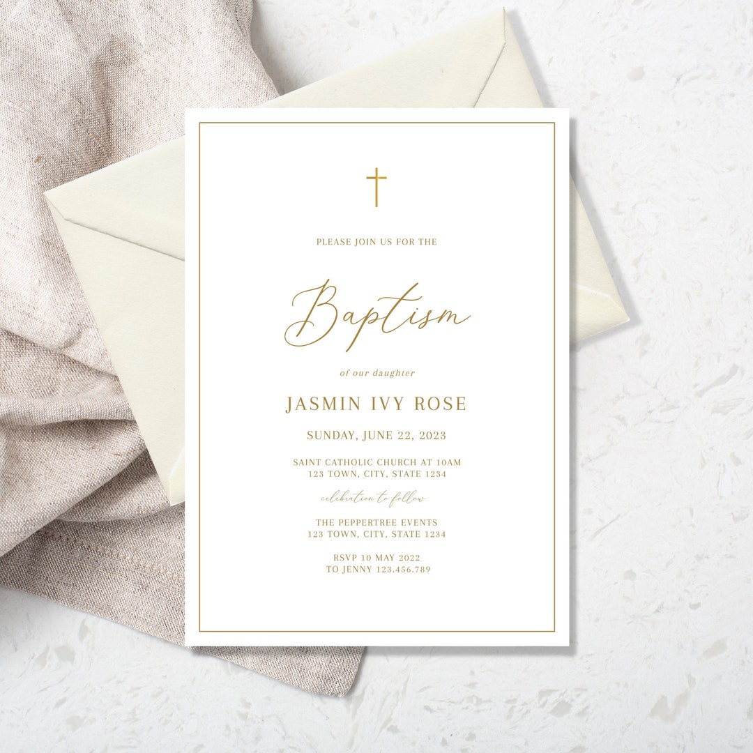 Baptism Invitation, Boy Christening Invitation Template, Gold ...