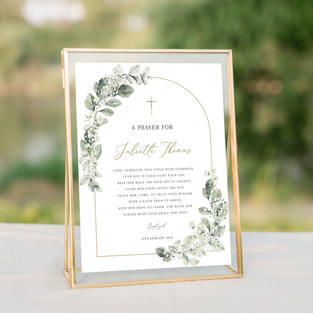 A Prayer for Child Baptism Sign, Greenery Baptism Prayer Sign, Catholic ...