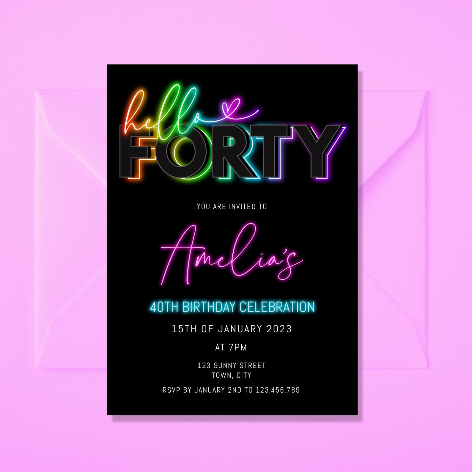 Neon Light Birthday Invitation, Glow Party, 40th Birthday, 80s Theme ...