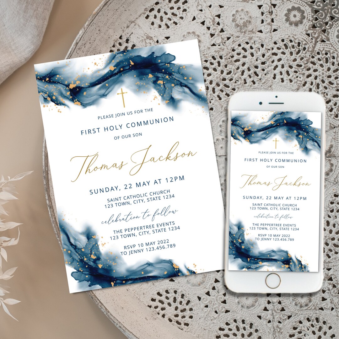 Navy First Communion Invitation Digital, Blue Communion Invitation ...