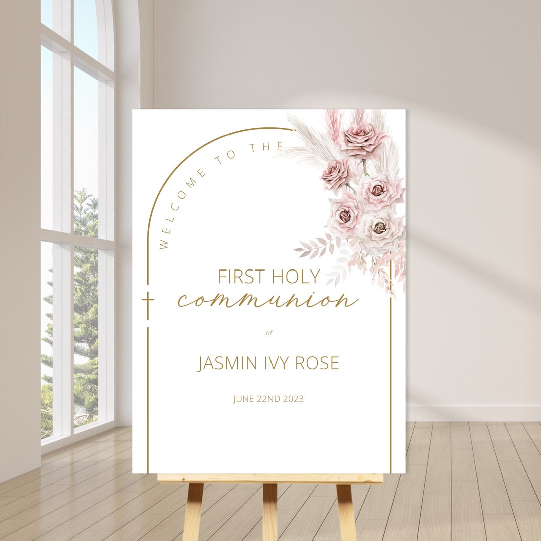 Pink Holy Communion Welcome Sign Template, Girl Communion Welcome Sign ...