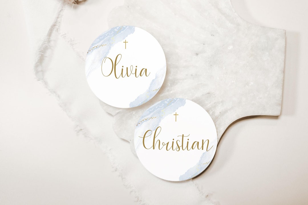 Round Place Cards Template, Dusty Blue Place Cards, Editable Place ...