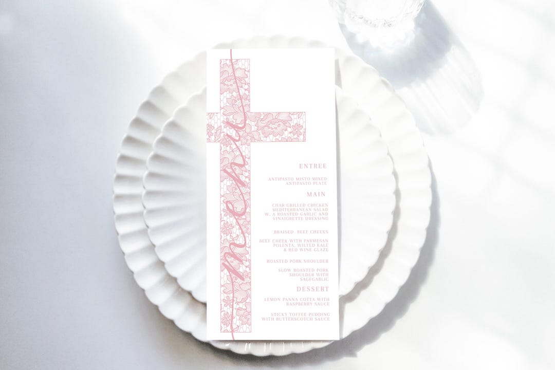 Lace Pink Baptism Menu, Vintage Lace Christening Menu, Religious Menu ...