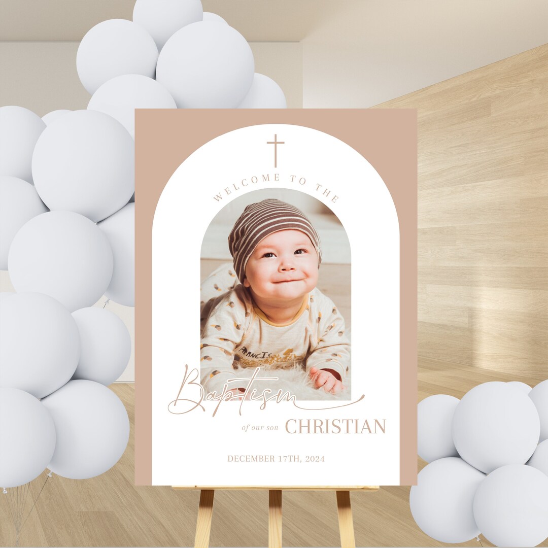 Boho Baptism Welcome Sign With Photo, White Cross Boho Nude Christening ...