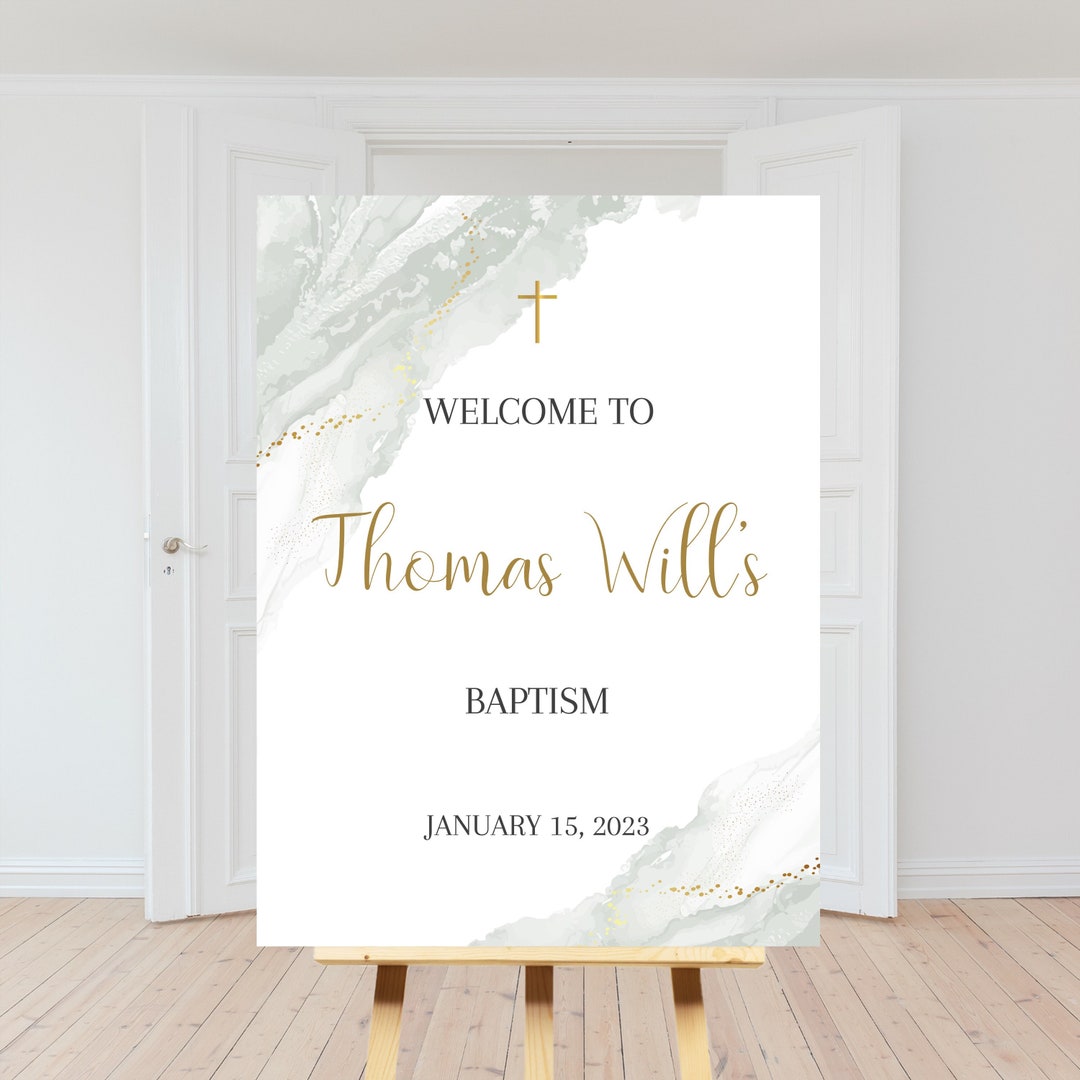 Sage Green WELCOME POSTER Seating Editable Gold White Baptism / Holy ...