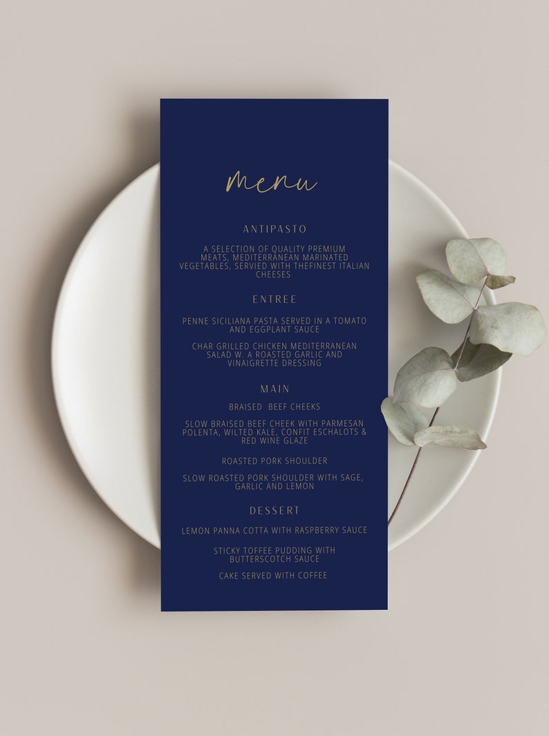 Navy Blue Menu Template Add Guest Names, Modern Wedding Place Card ...