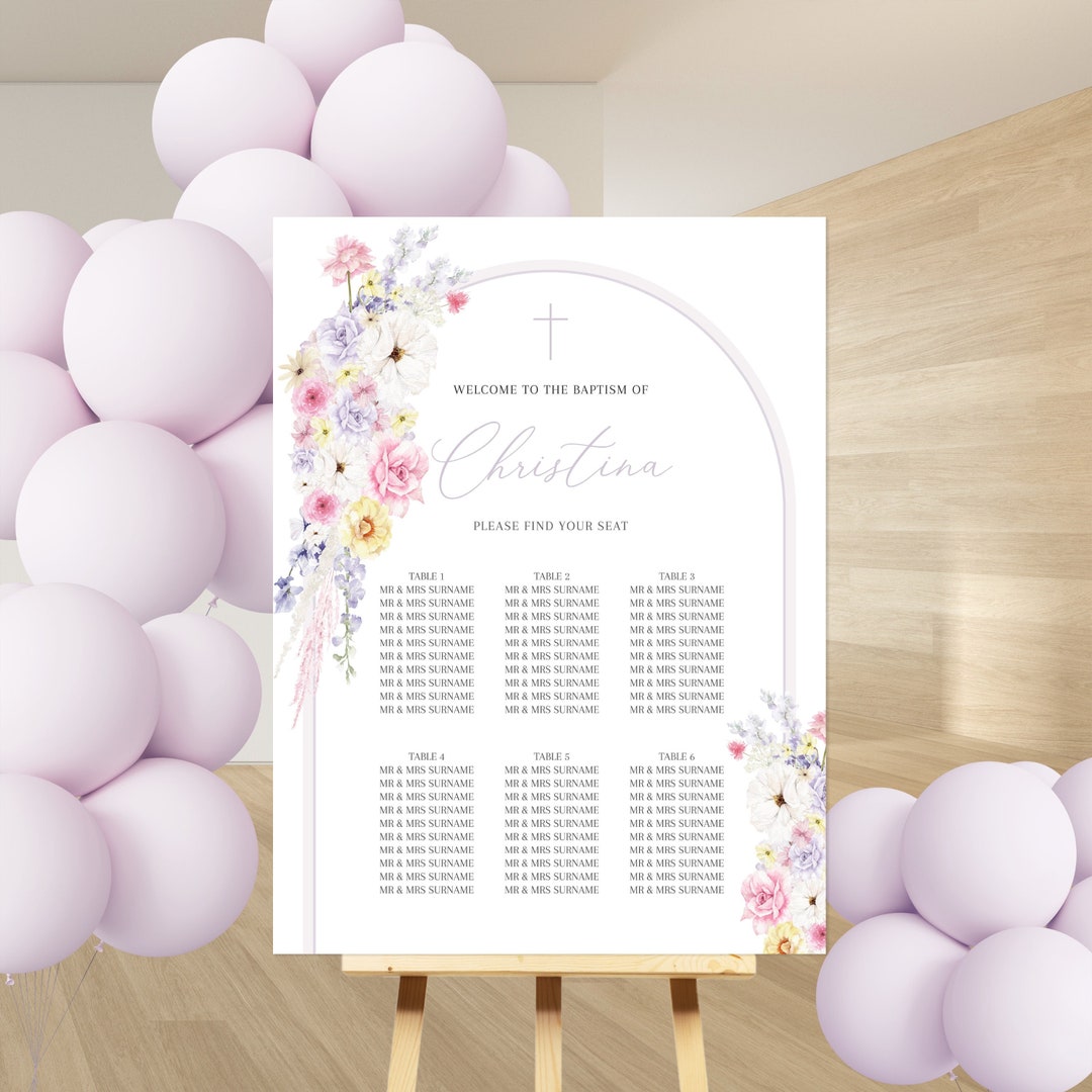 Purple Baptism Seating POSTER Template, Floral Lilac Girl Baptism Welcome Sign, Arch Baptism ...