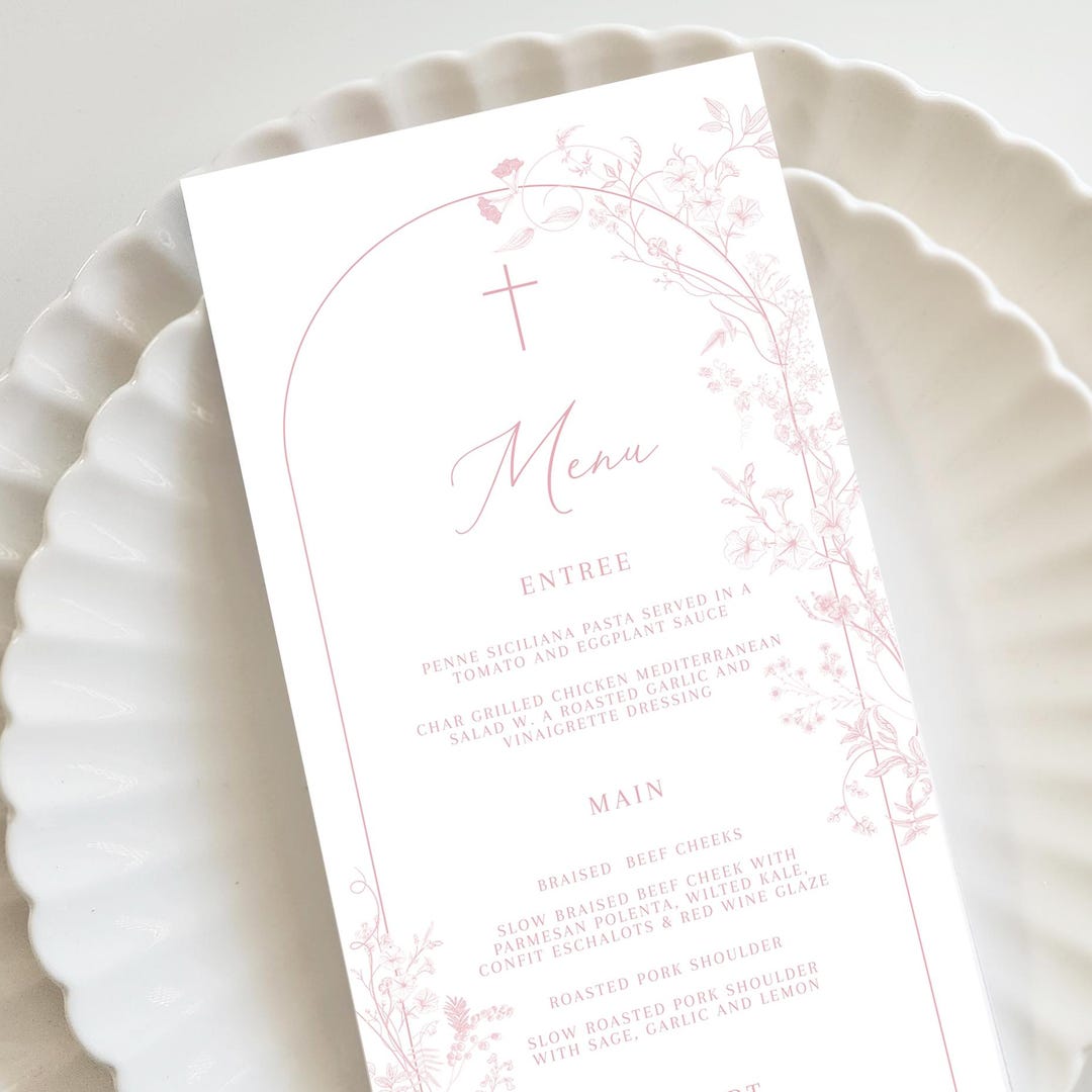 Pink Floral Baptism Menu, Vintage Floral Christening Menu, Religious ...