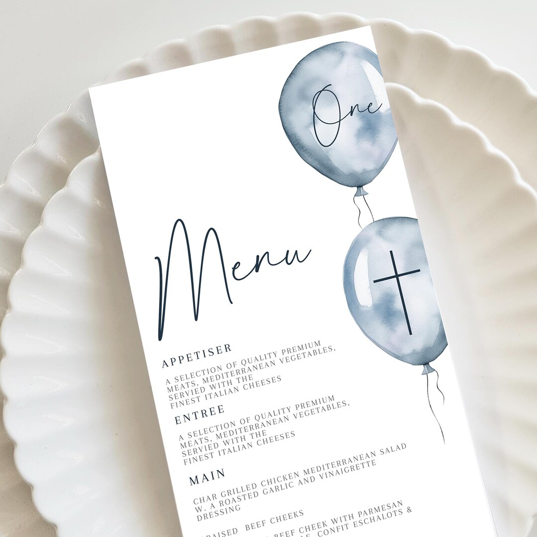 Baptism Menu Balloon Menu Template Add Guest Names, Modern Baptism Blue ...