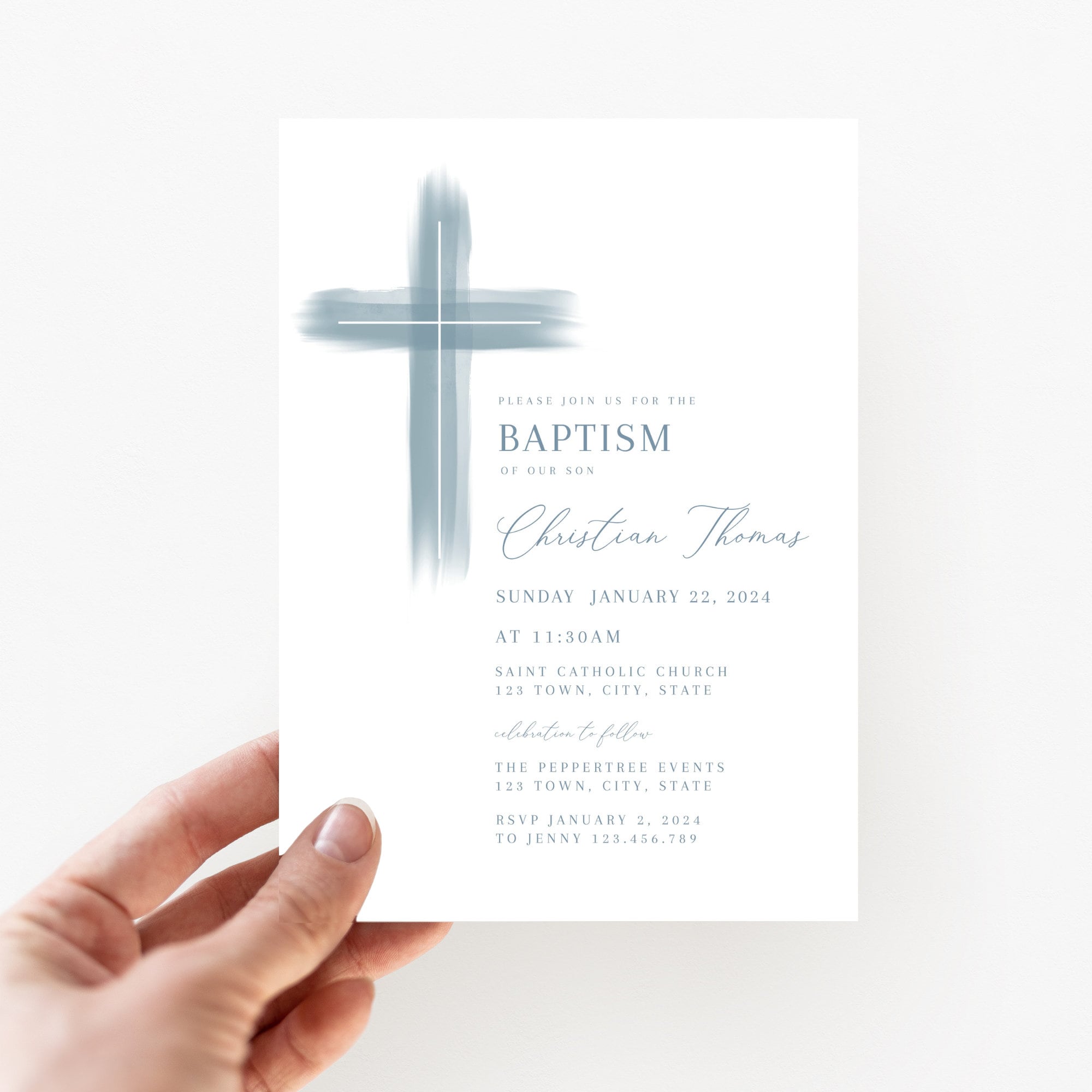 Modern Christening Invitation, Boy Baptism Invitation Template, Blue ...