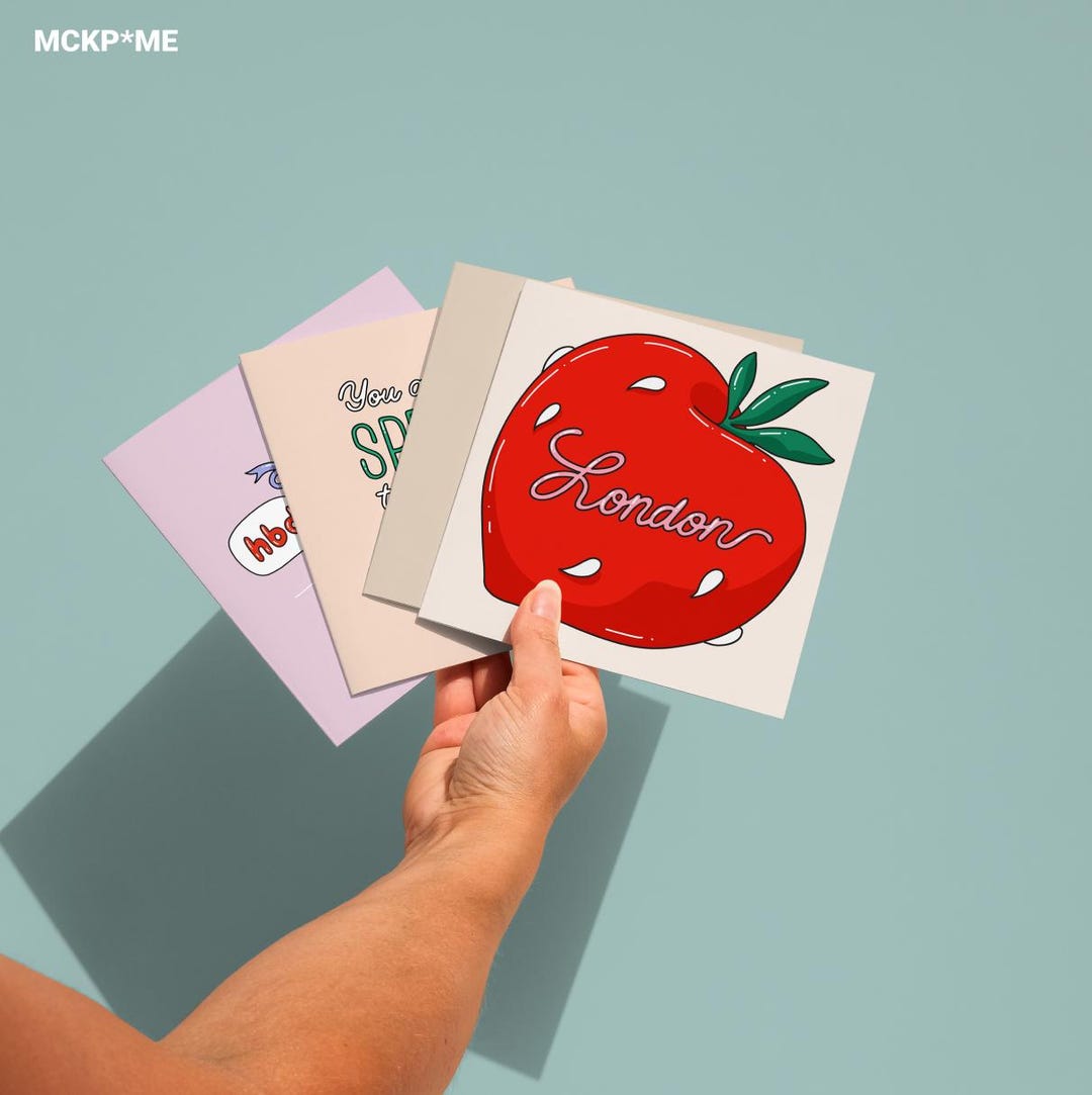 1x1 Square Greeting Cards in Hand Mockup, Hand Holding Many Square ...