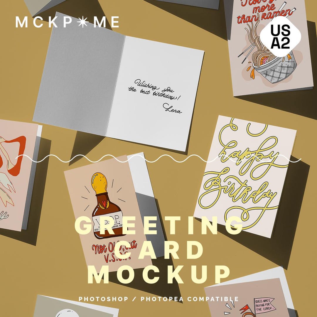 US A2 Many Greeting Cards Mockup, Opened Greeting Card Mockup, Postcard ...
