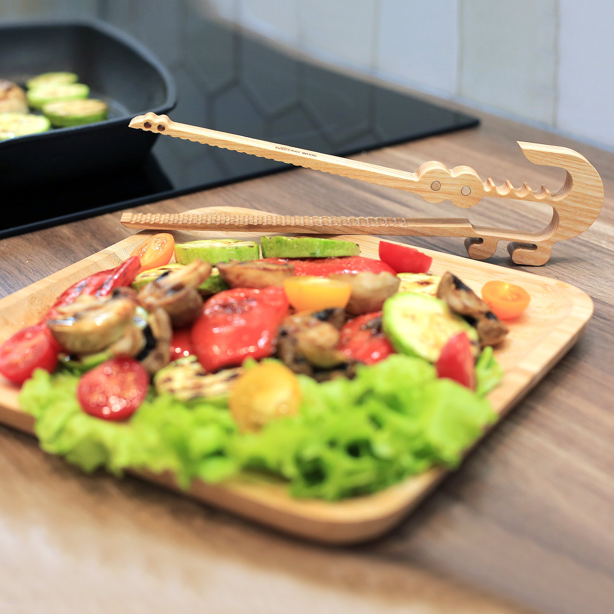 Natural Crocodile Shaped Wooden Tongs - Handmade Wooden Kitchen Utensil ...