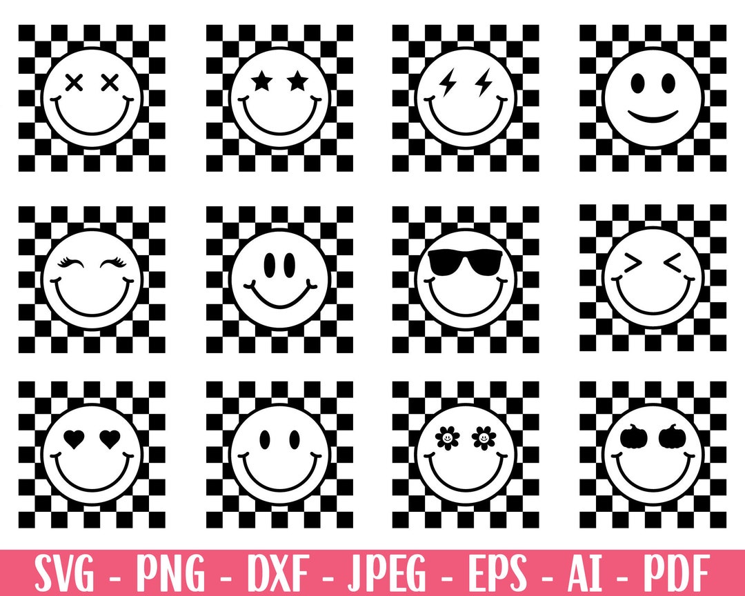 Bundle Smiley Face Checkered Pattern Svg, Retro Happy Face Svg, Smiley ...