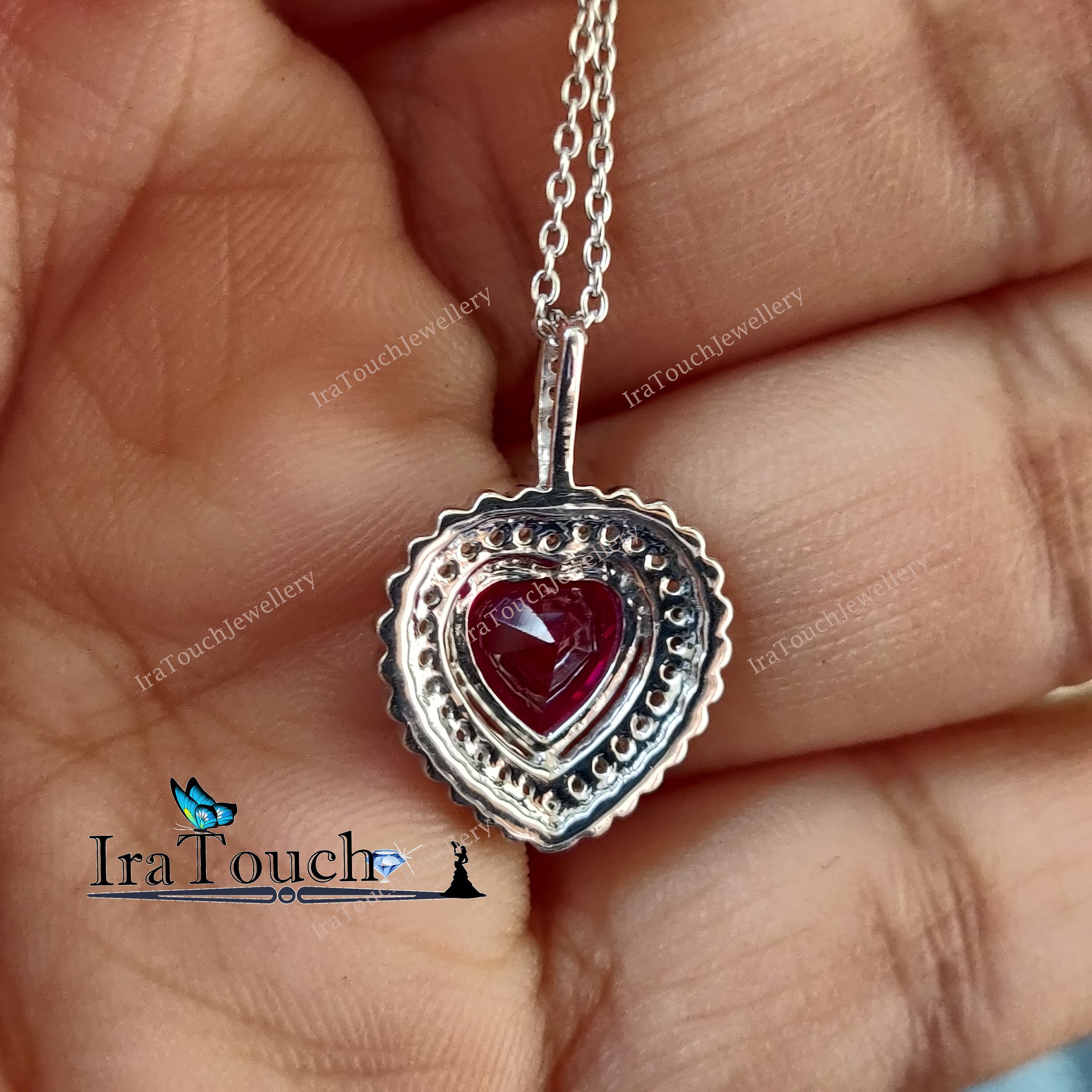 Pink Ruby & CZ Diamond Cluster Heart Pendant Necklace for Women, 14k ...