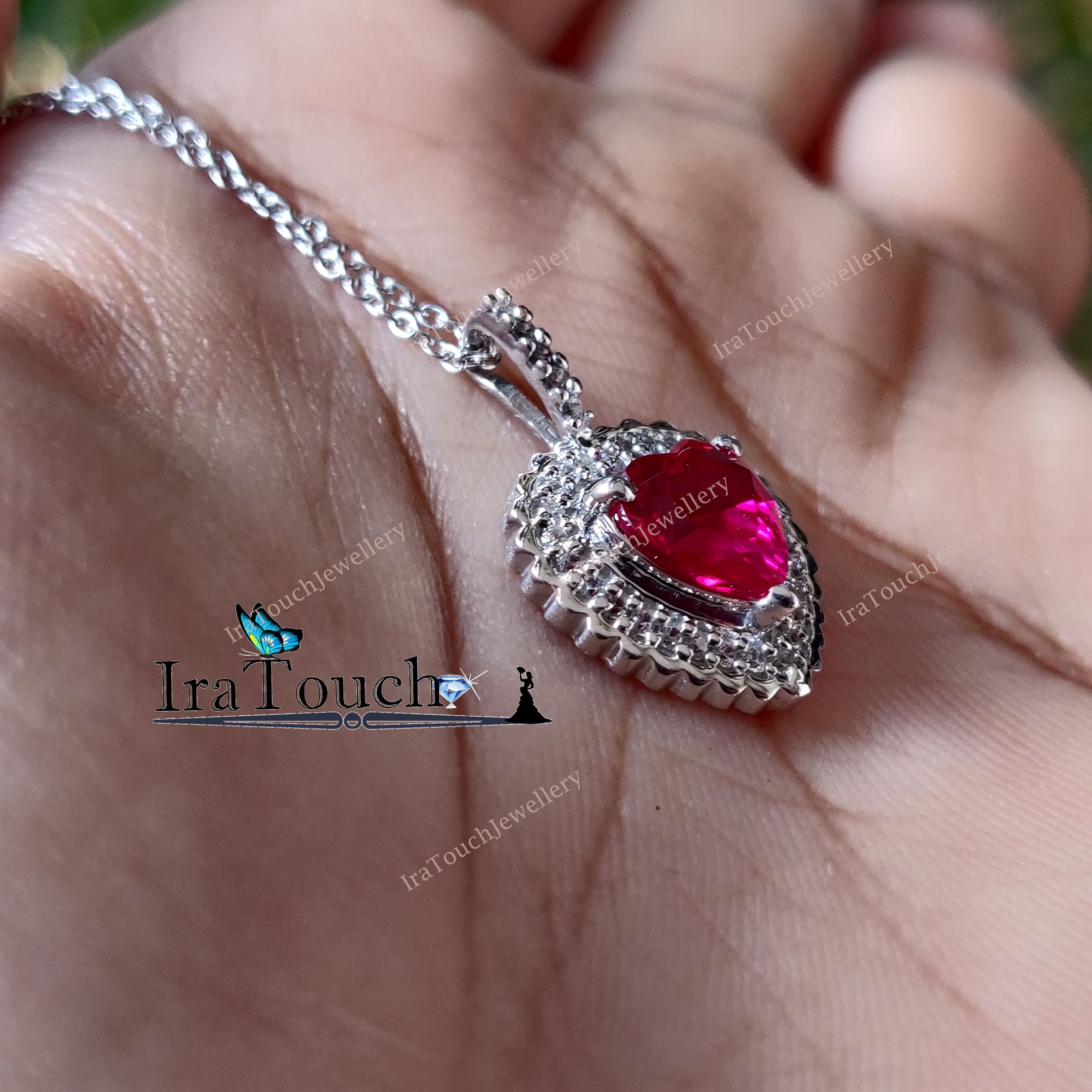 Pink Ruby & CZ Diamond Cluster Heart Pendant Necklace for Women, 14k ...