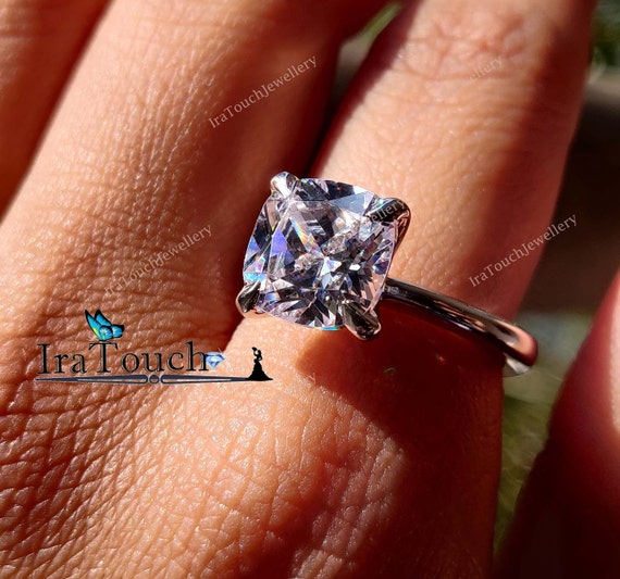 Cushion Cut Solitaire Engagement Ring Solid White 14k Gold - Etsy