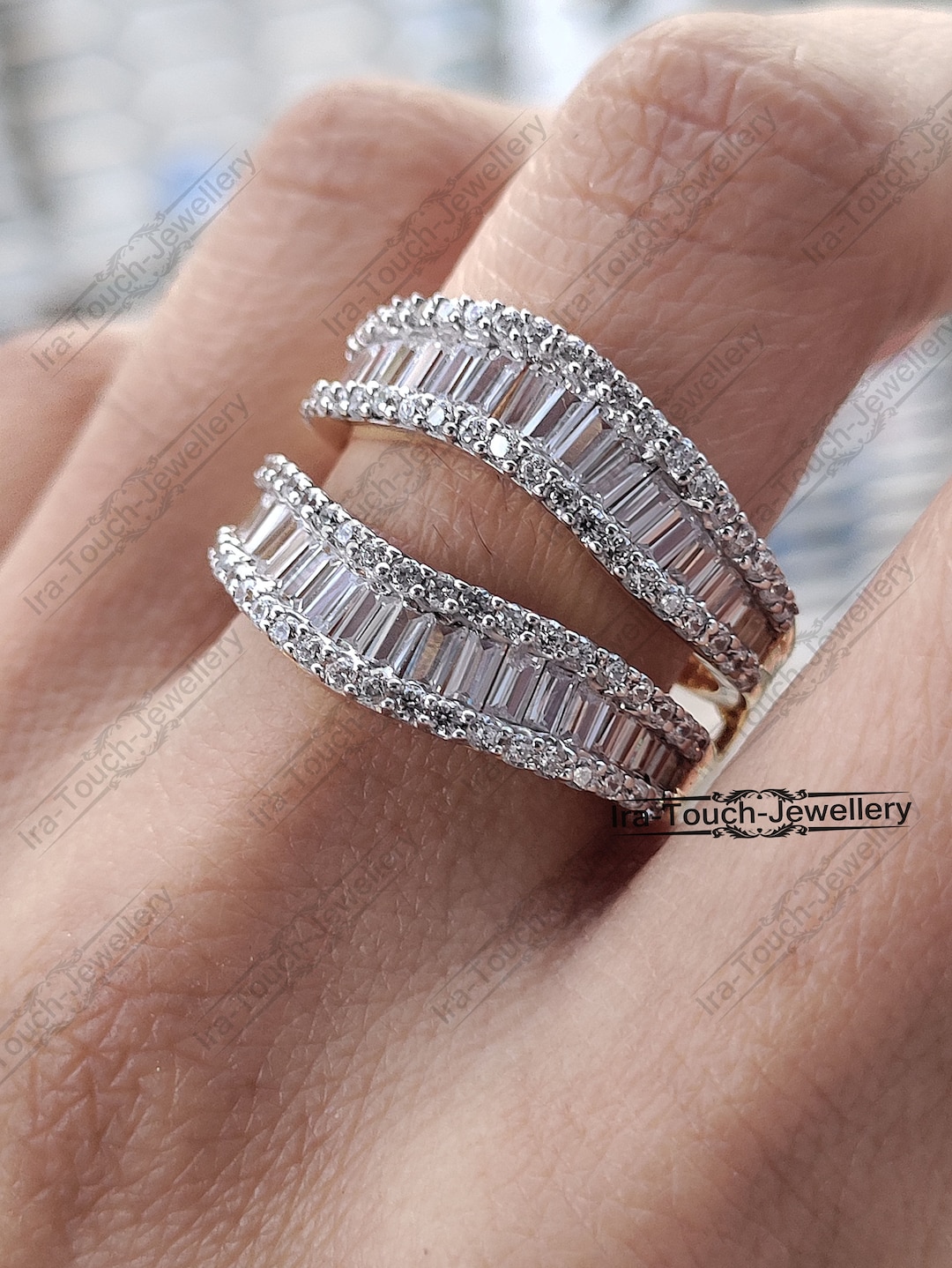 14K White Gold Over,stackable Anniversary Ring, Double Row Engagement ...