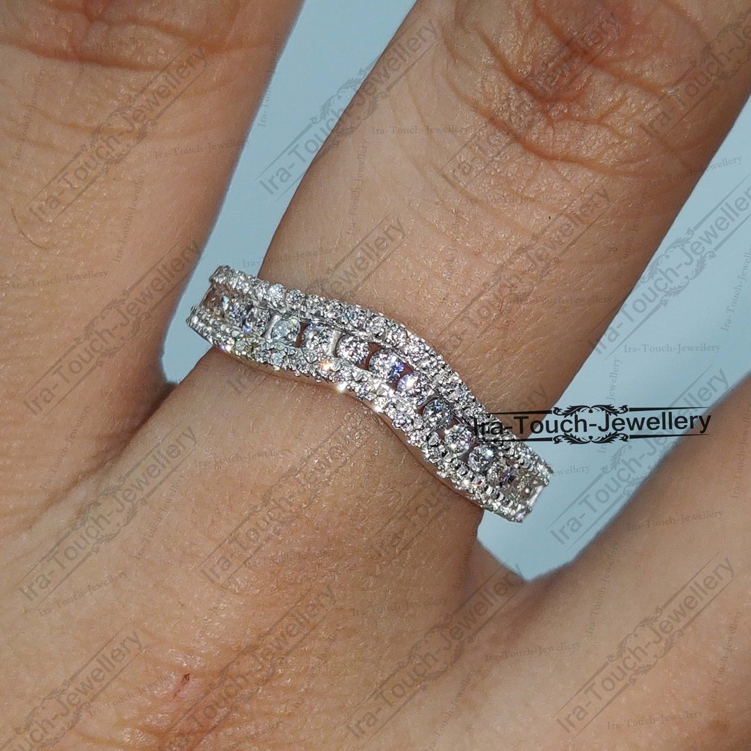 Channel Setting Curved CZ Diamond Wedding Band 14k White Gold Half ...