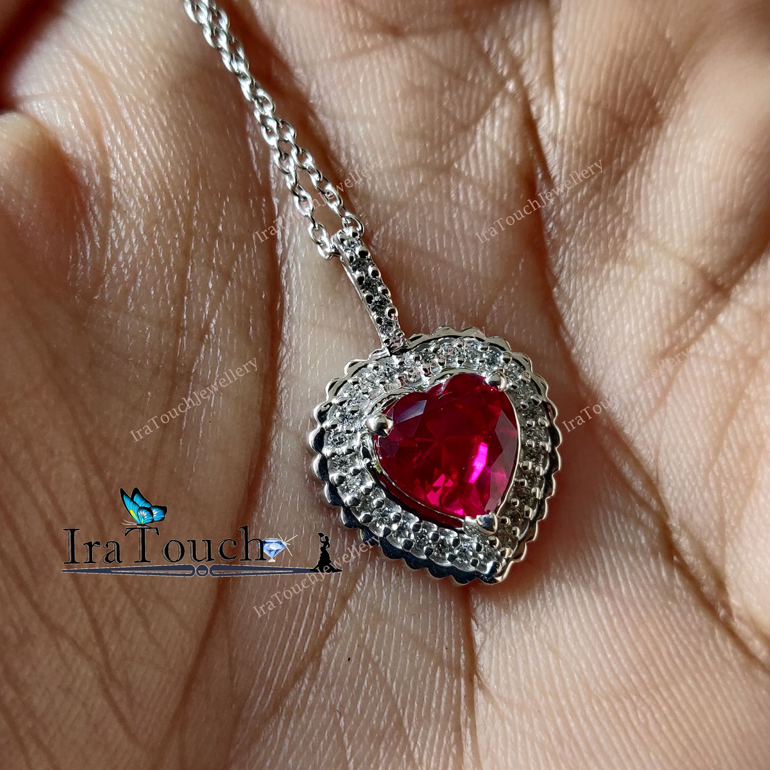 Pink Ruby & CZ Diamond Cluster Heart Pendant Necklace for Women, 14k ...