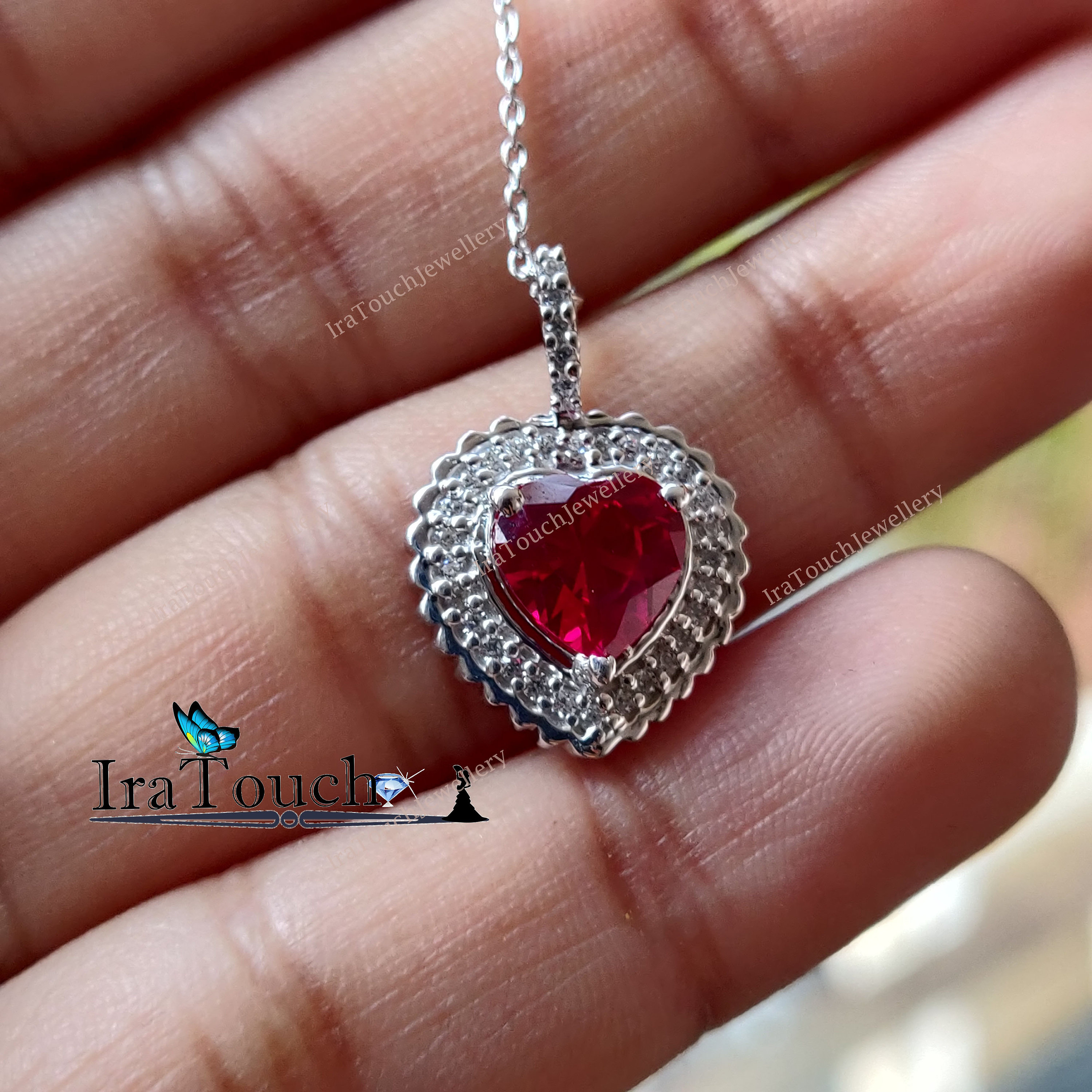 Pink Ruby & CZ Diamond Cluster Heart Pendant Necklace for Women, 14k ...