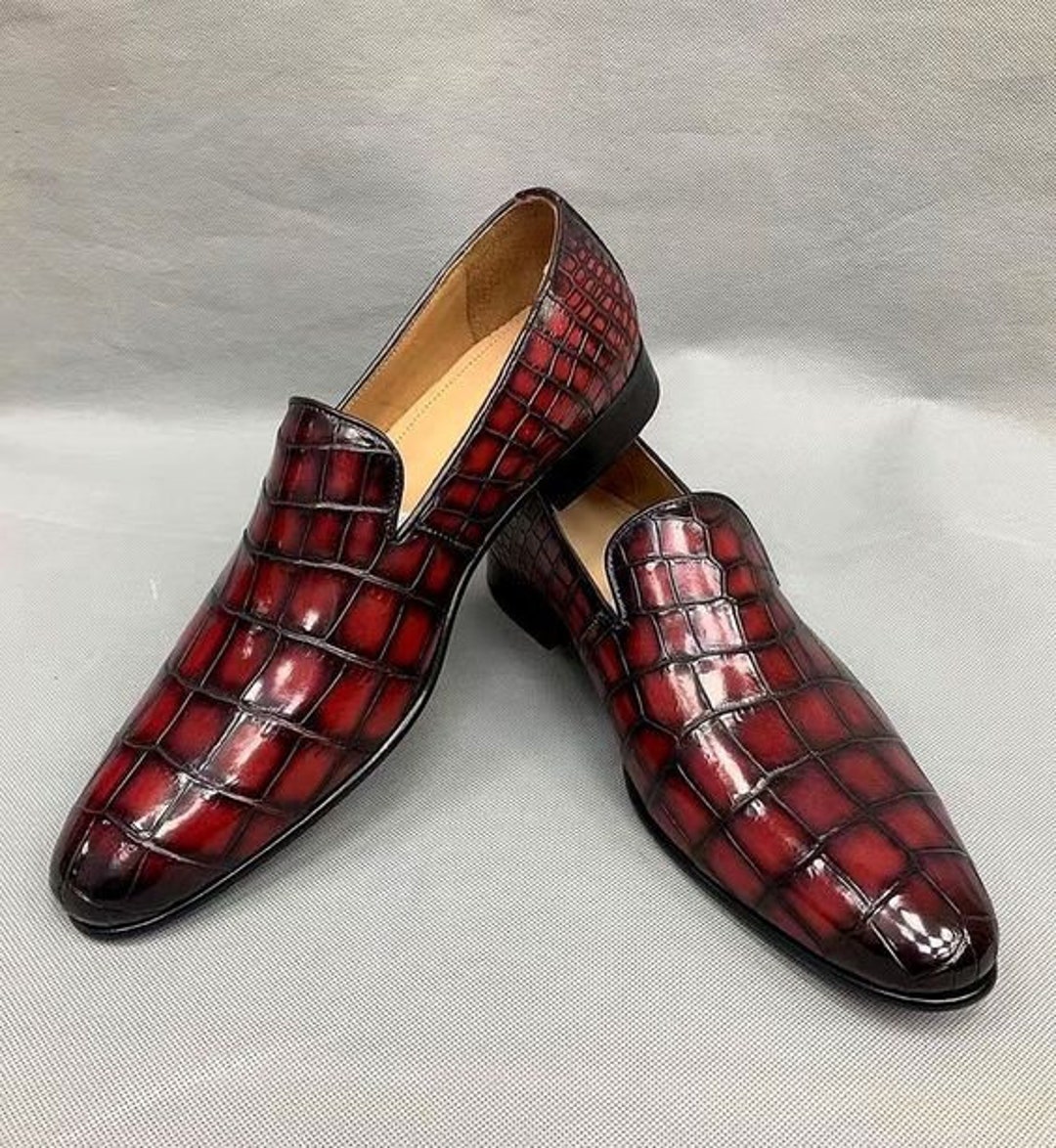 Handmade Men Burgundy Red Crocodile Textured Leather Whole Cut - Etsy