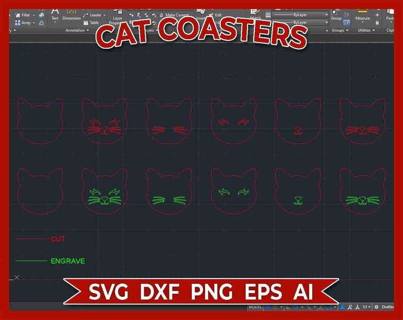 6 Cat Coasters - Cut File - Instant Download - Dxf Svg Png Eps Ai ...