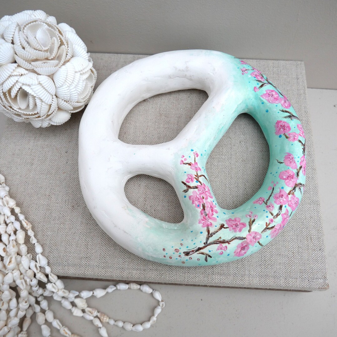 Handmade Peace Sign, Paper Mache, Clay, Scherry Blossom Painting, Wall ...