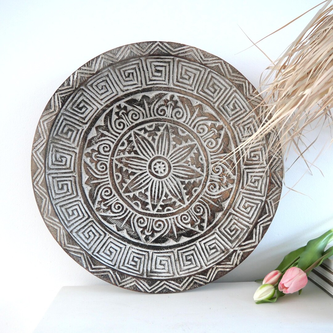 Large Handmade Wooden Tray, From Indonesia, Carved, Aztec Characters ...