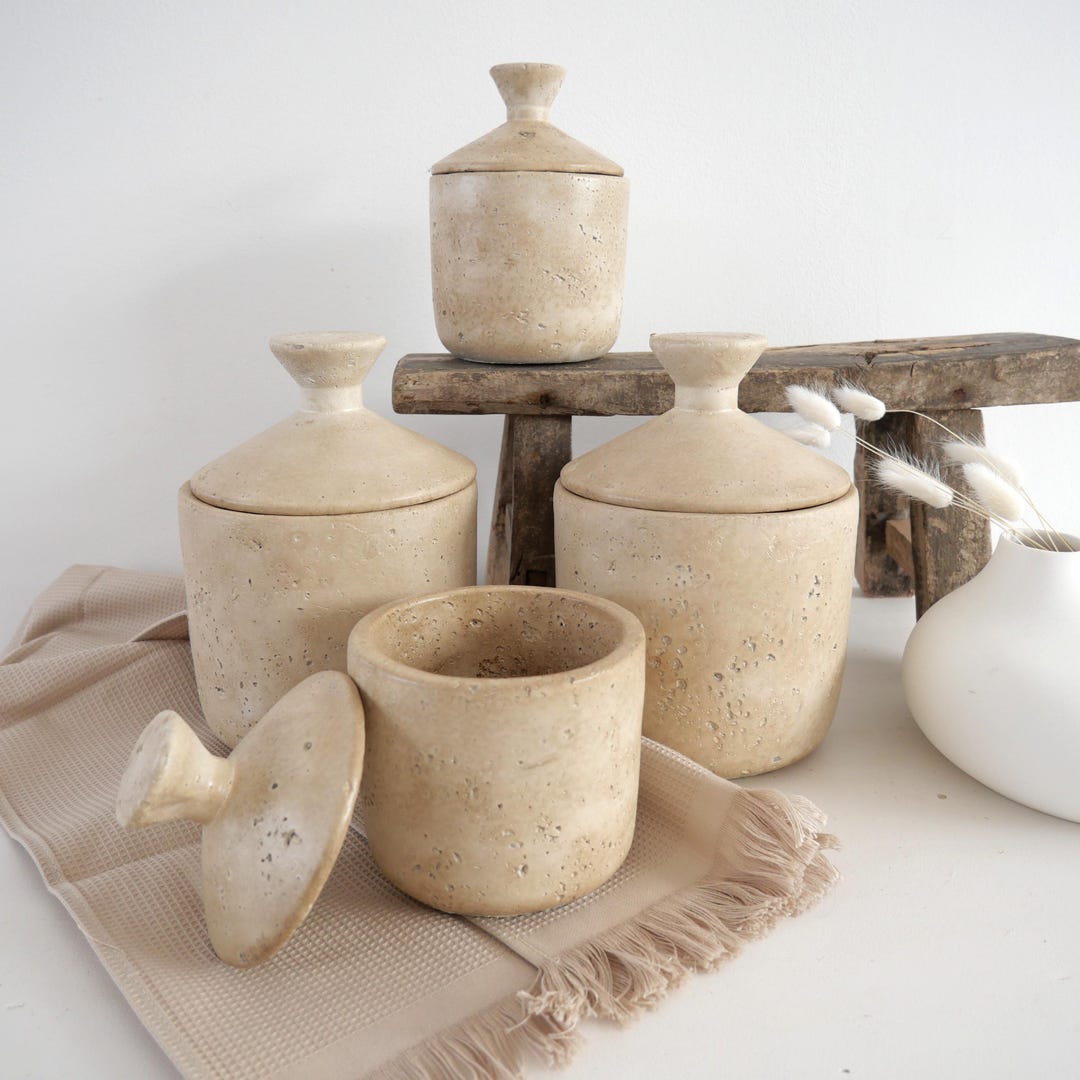 Japandi Storage Jar, Travertine Look, Wabi Sabi Decor, Ceramic-style ...