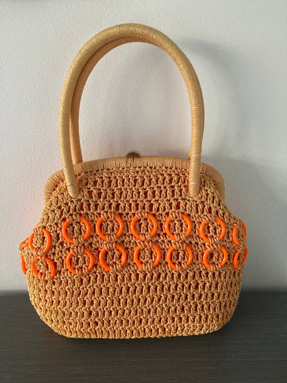 1960s Italian Orange Crochet Raffia Handbag - Gem