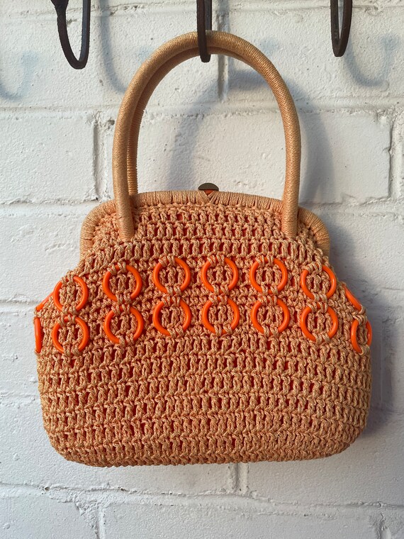 1960s Italian Orange Crochet Raffia Handbag - Gem